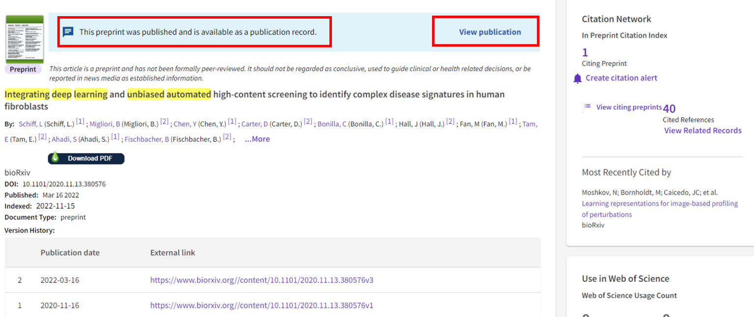 New Database: Preprint Citation Index from Web of Science